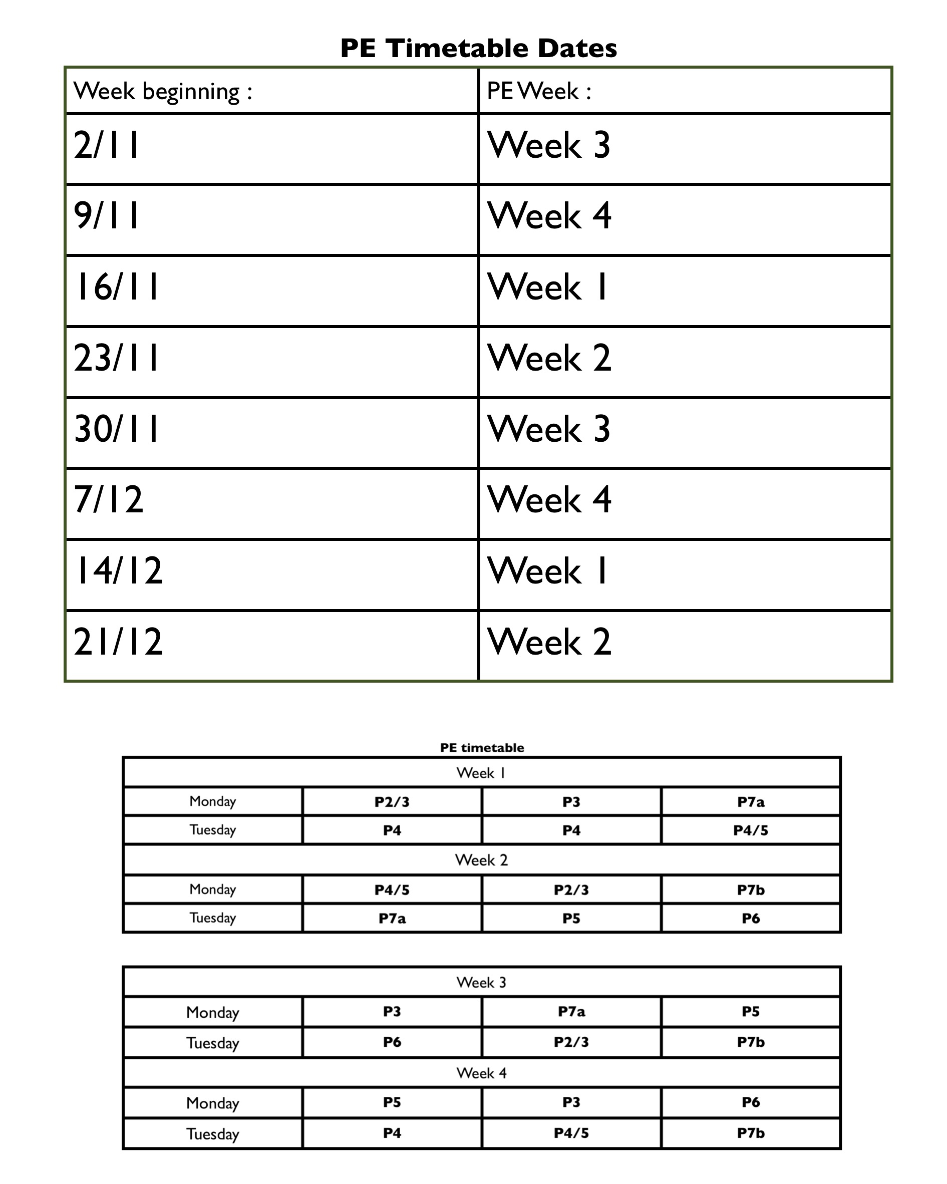 PE timetable dates 🎾📆 | Tollcross Primary School