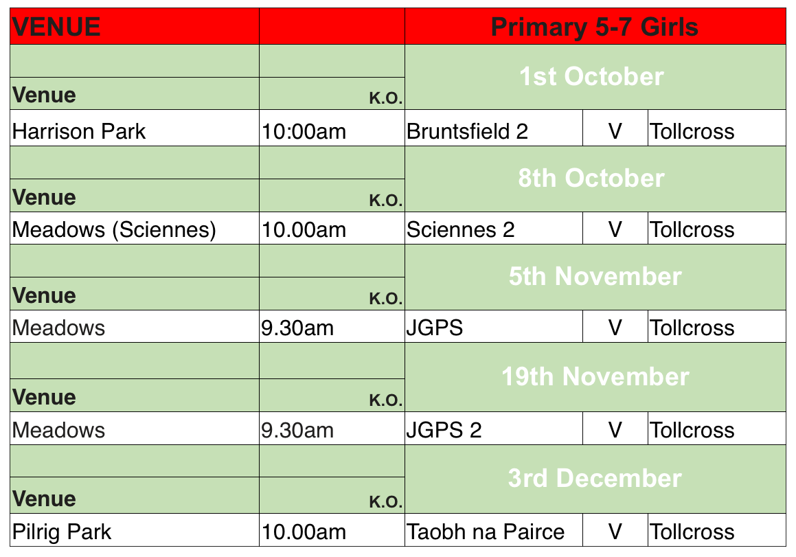 Tollcross Girls’ Football Team Fixtures | Tollcross Primary School